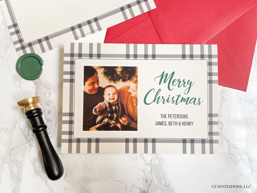 Plaid Christmas Card Template, Minimalist Holiday Card Design Template ...