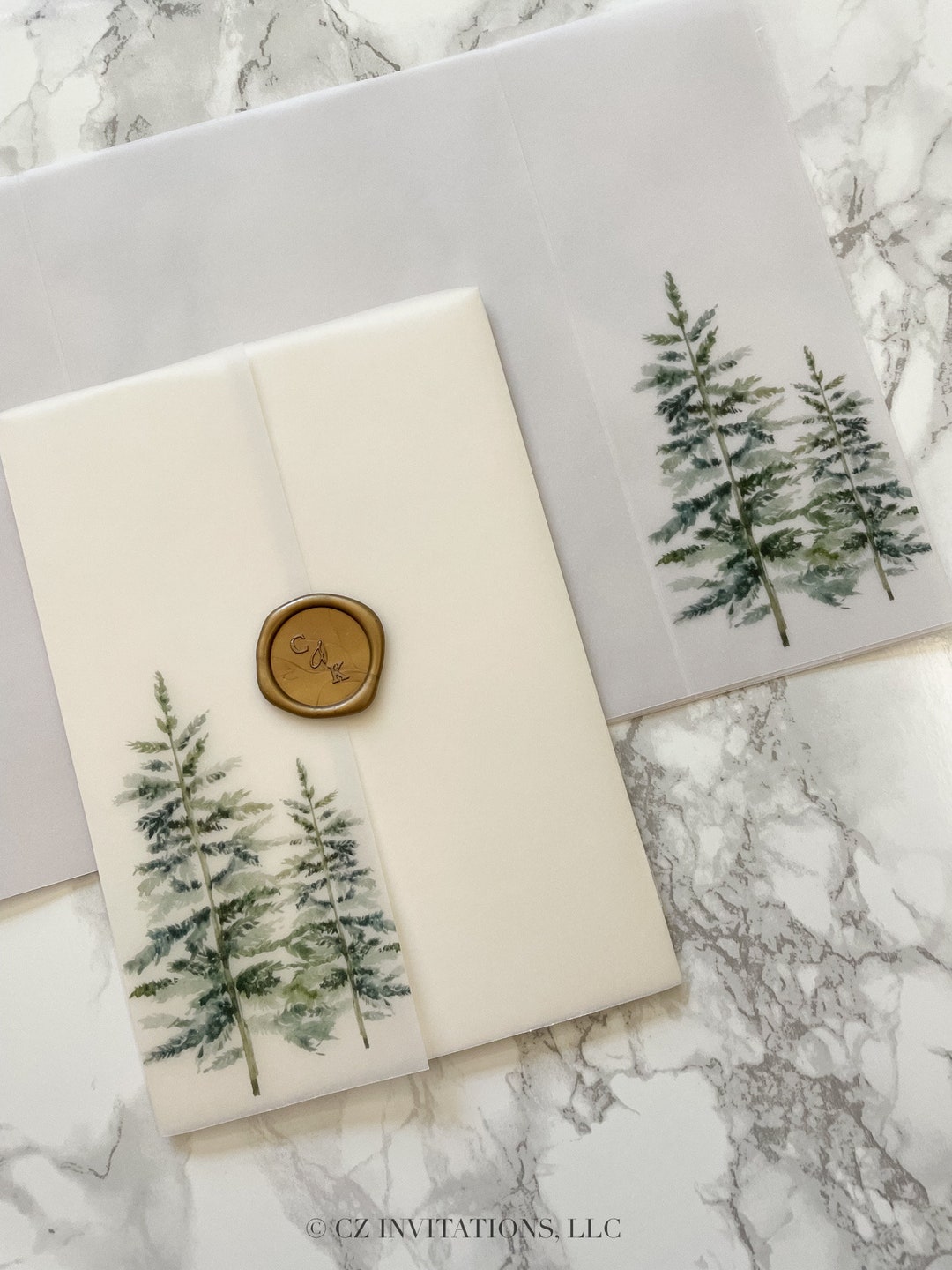 Evergreen Vellum Wrap, 5x7 Vellum Wedding Invitation, Rustic Vellum ...