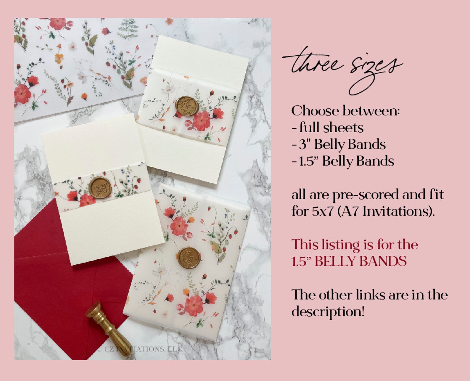 Red Wildflower Vellum Belly Band, 1.5" Vellum for 5x7 Wedding Invites ...