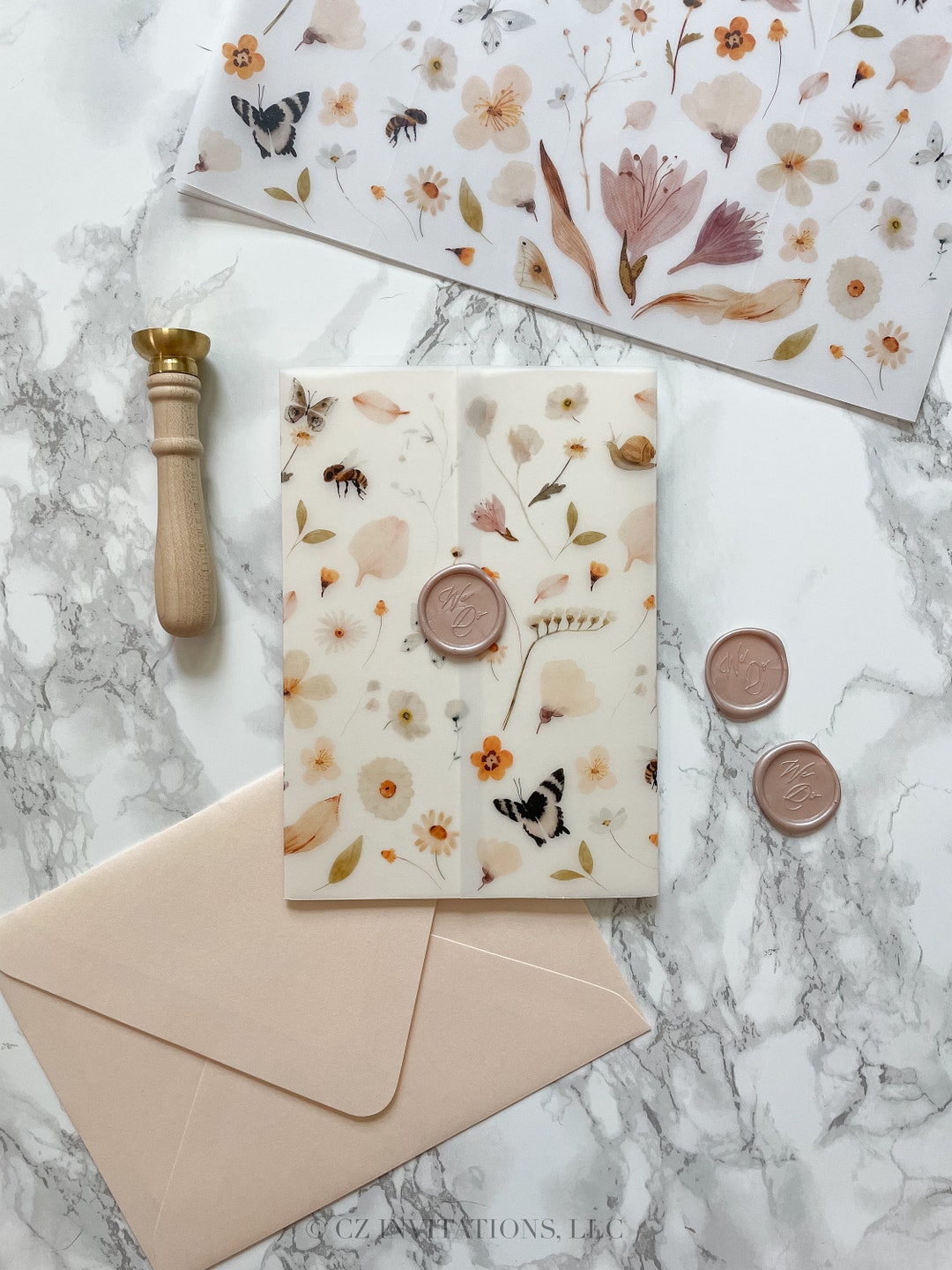 Nude Wildflower Floral Vellum Jacket, 5x7 Vellum Wedding Invitation, Pale Pink, Cream Vellum ...