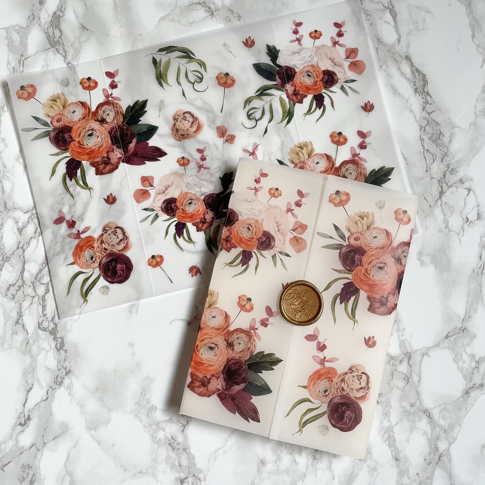 Fall Floral Vellum Wrap, 5x7 Vellum Wedding Invitation, Burgundy Fall ...