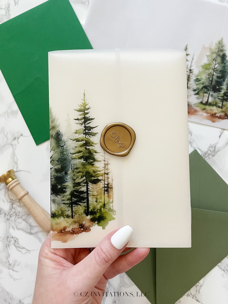 Evergreen Forest Vellum Wrap, 5x7 Vellum Wedding Invitation, Rustic ...
