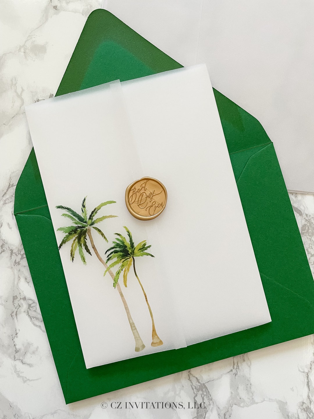 Palm Tree Vellum Wrap, 5x7 Vellum Wedding Invitation, Tropical Beach ...
