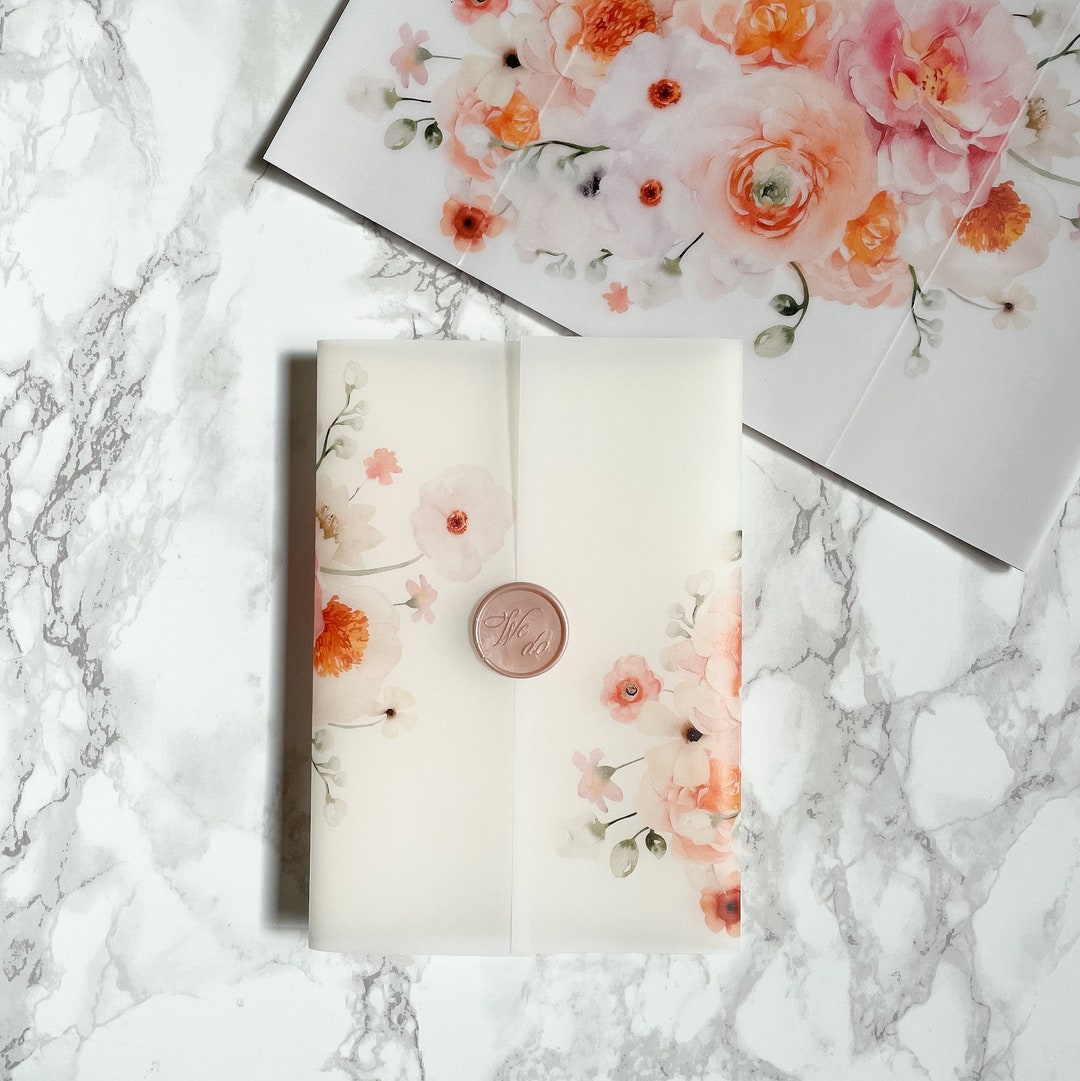 Peach Spring Floral Vellum Jacket, 5x7 Vellum Wedding Invitation, Blush ...