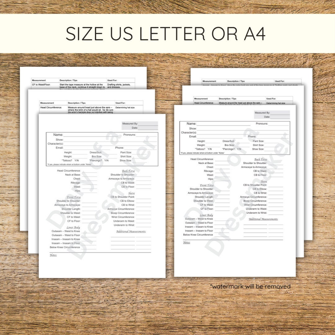 Costume Design Measurement Form Template - Digital Download - Etsy