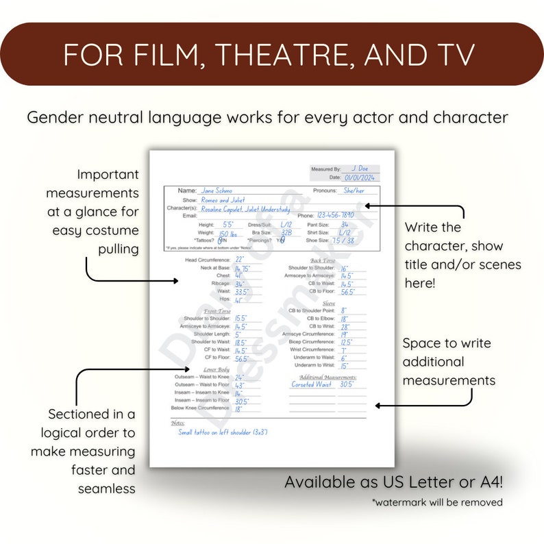 Costume Design Measurement Form Template - Digital Download - Etsy