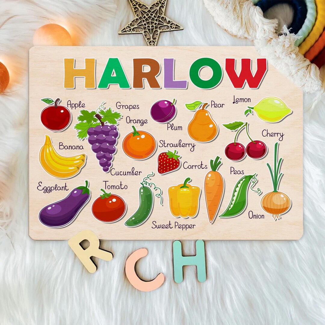 Personalized Fruits Puzzle Board, Custom Name Puzzle With Fruit Shapes ...