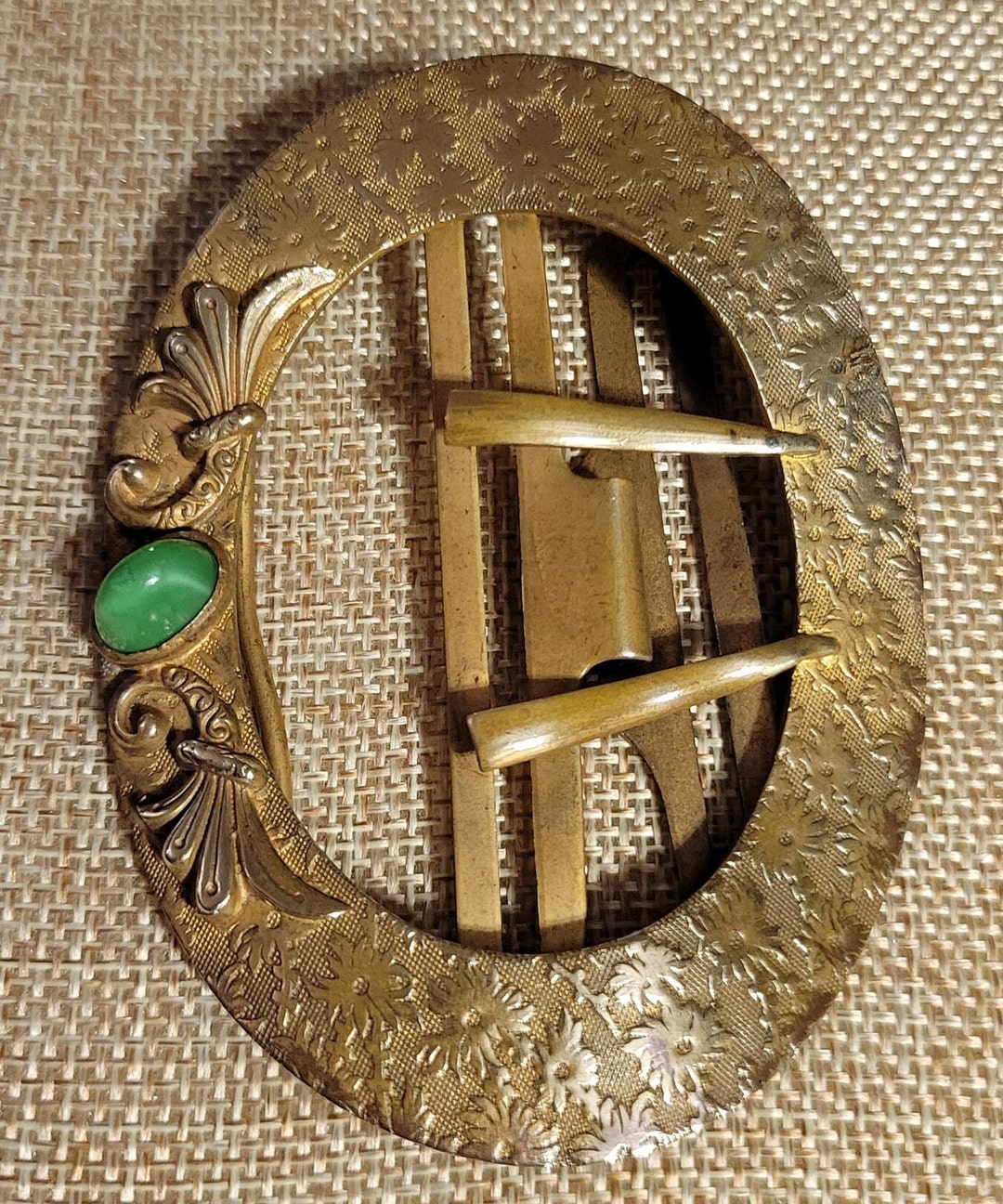 Antique Victorian Edwardian Stamped Brass Belt Buckle With Green Stone ...