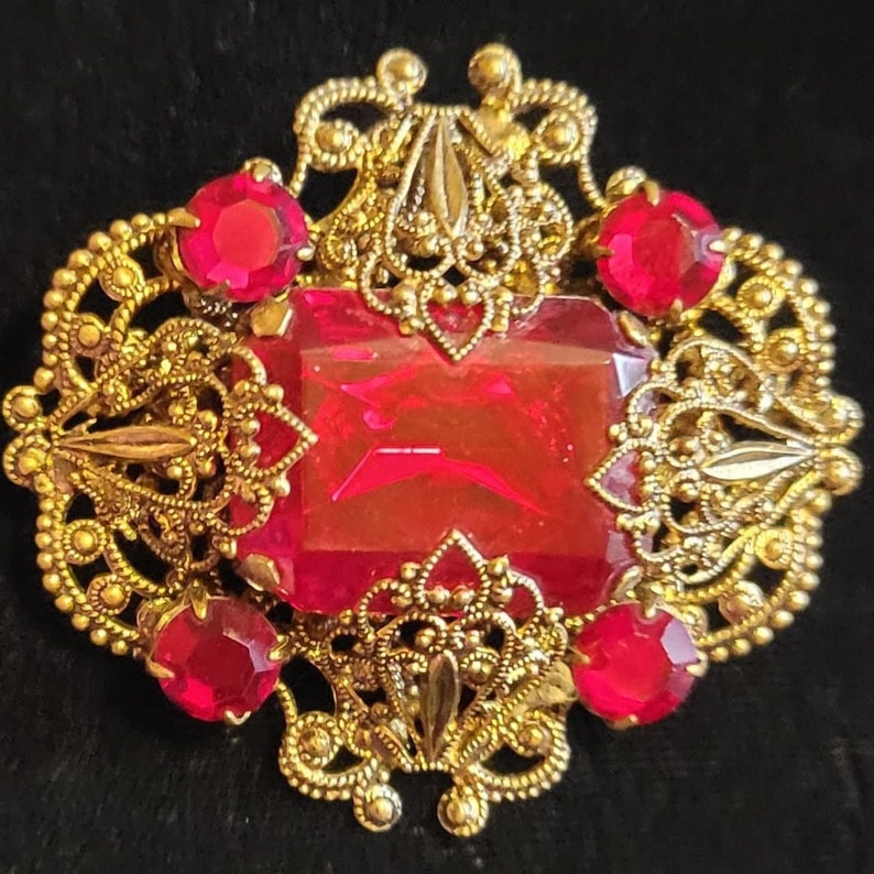 STUNNING Antique Czech Ruby Red Glass Rhinestones/ Brass Filigree ...