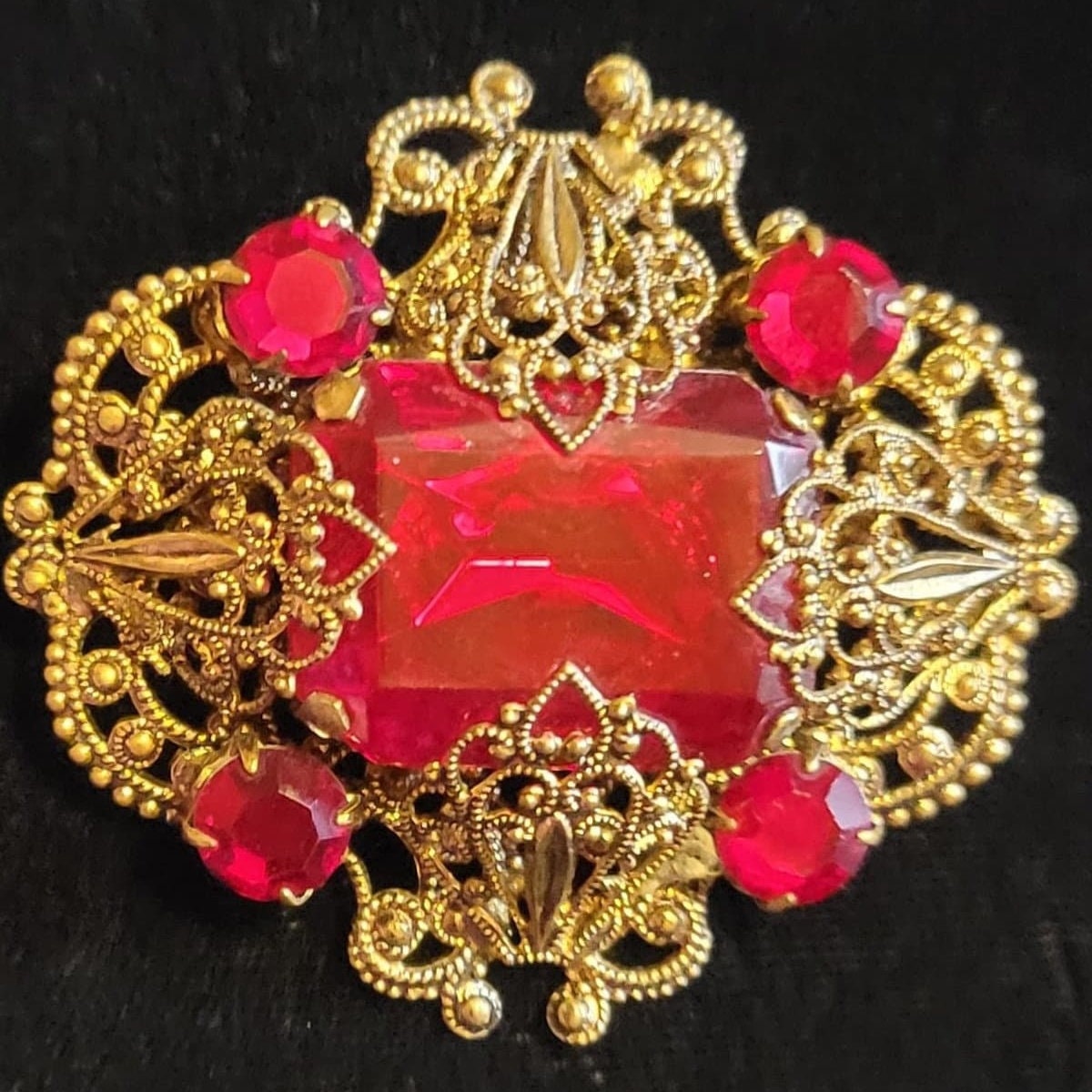 STUNNING Antique Czech Ruby Red Glass Rhinestones/ Brass Filigree ...