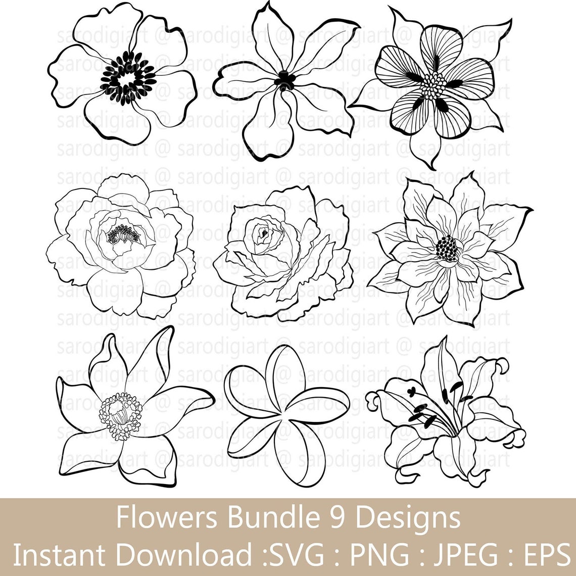 Floral Line Art - Outline Flower Clipart, Hand Drawn Vector Flowers ...