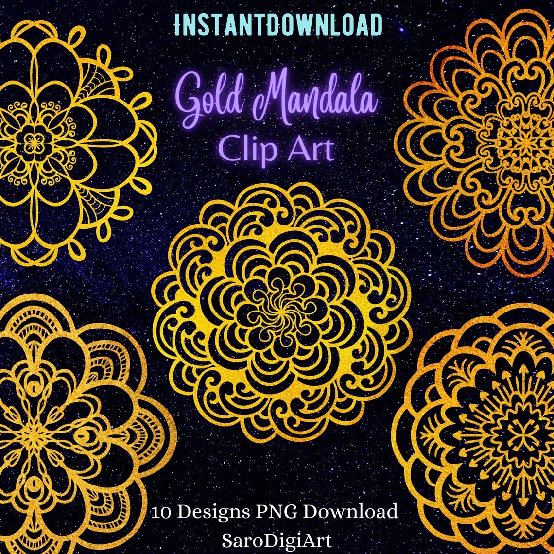 Gold Mandalas Clip Art, Sacred Geometry, Boho Clipart, Indian Design ...