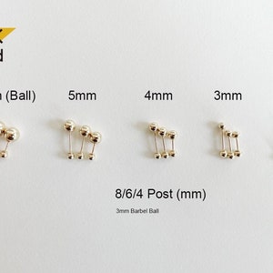 14K Solid Gold Ball 2,3,4,5,6mm Lightweight Piercing 21G, 4,6,8mm Post ...