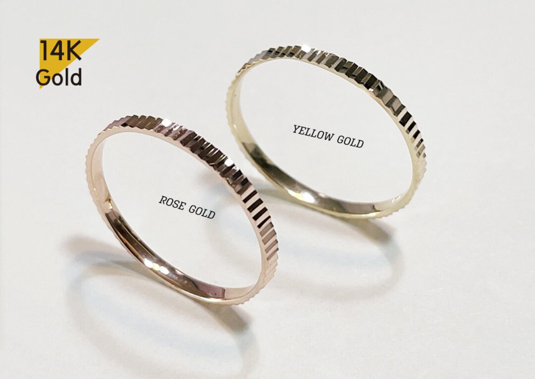 14K Gold Ring, Cutting Texture, Shiny Cut, Line Pattern Ring, Solid ...