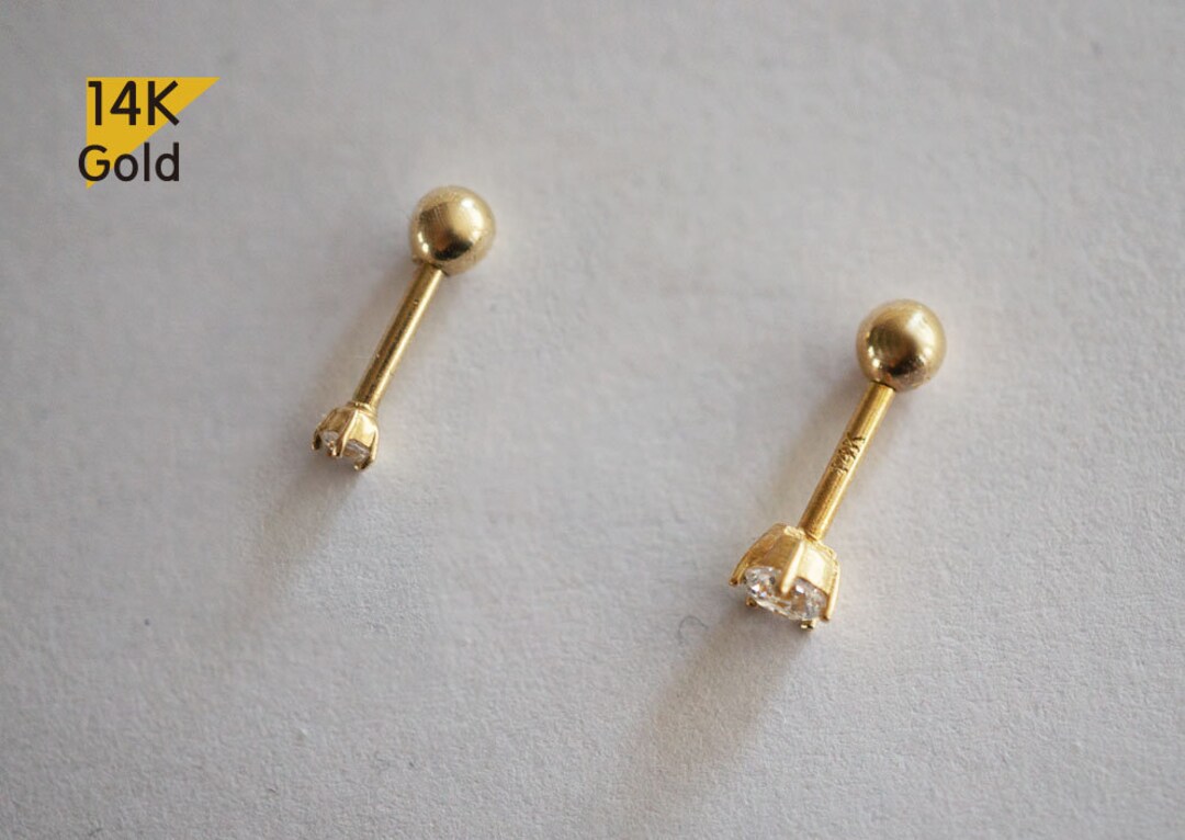 14K Solid Gold Tiny CZ 2,3mm Stud End Barbell Piercing, 18G, 6mm Post ...