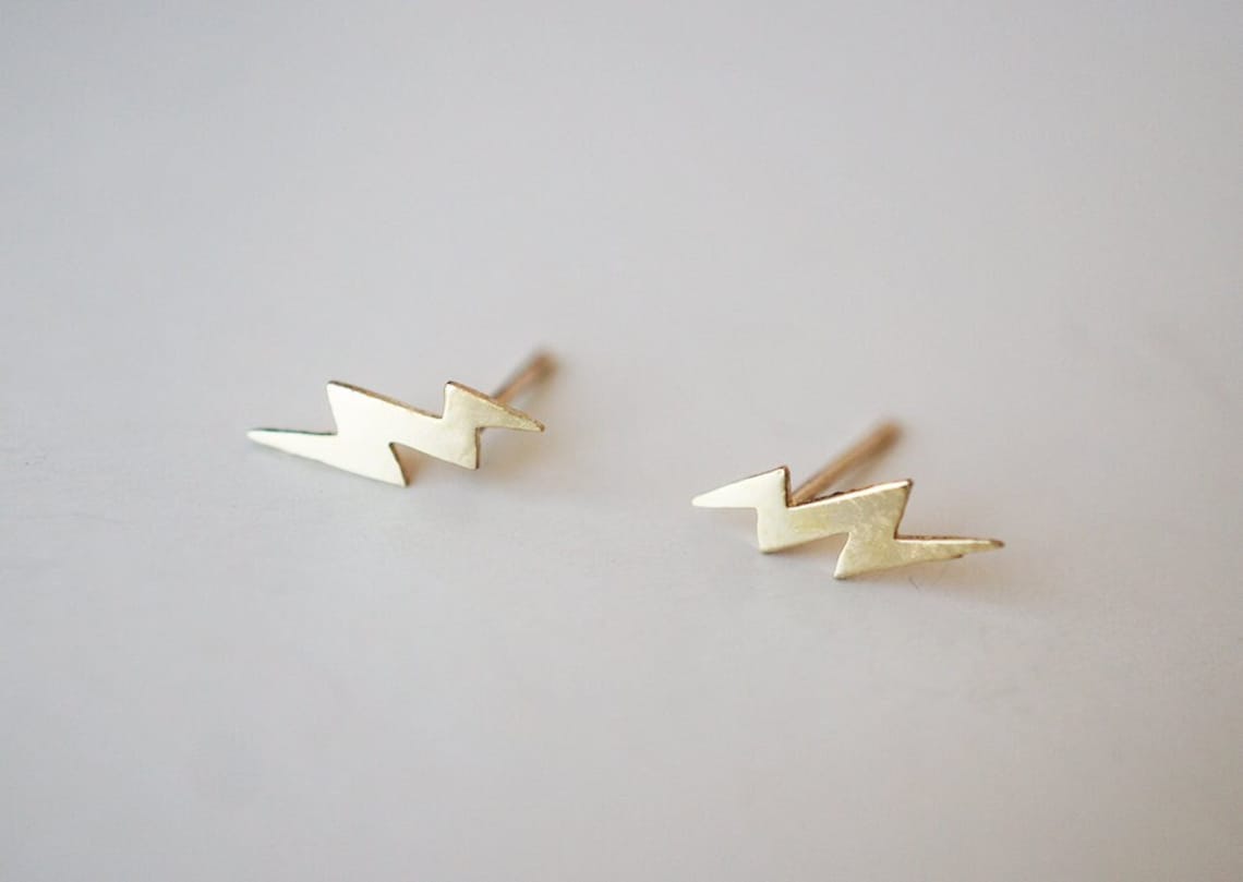 10K Solid Gold Double Lightning Bolt, Lightning Strike Stud Earrings - Etsy