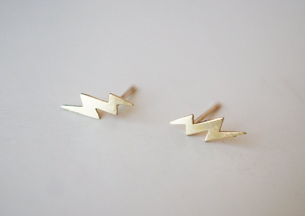 10K Solid Gold Double Lightning Bolt, Lightning Strike Stud Earrings - Etsy