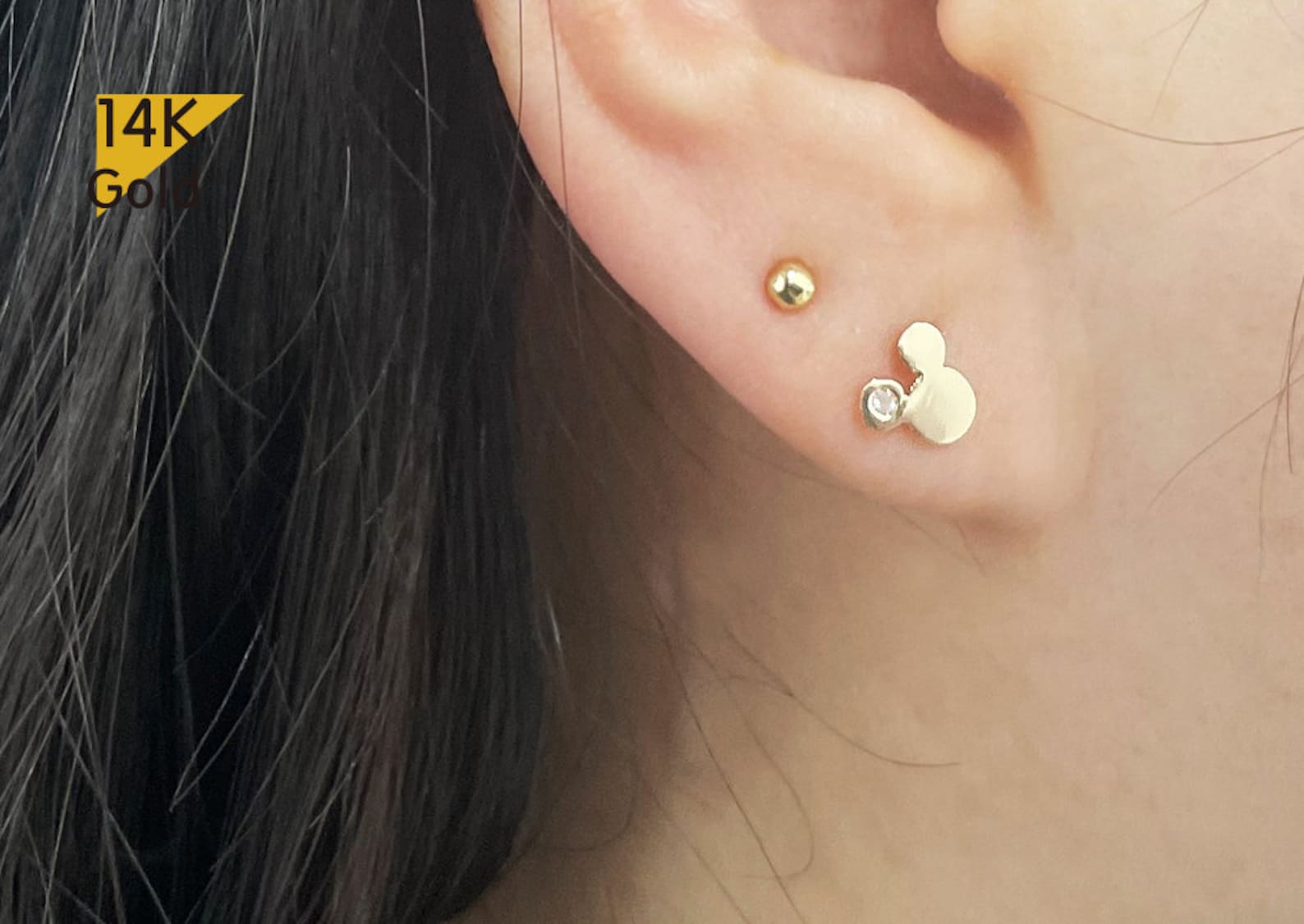 14K Solid Gold Mickey Mouse Barbell Piercing, 21G, 6mm Post, Tragus ...