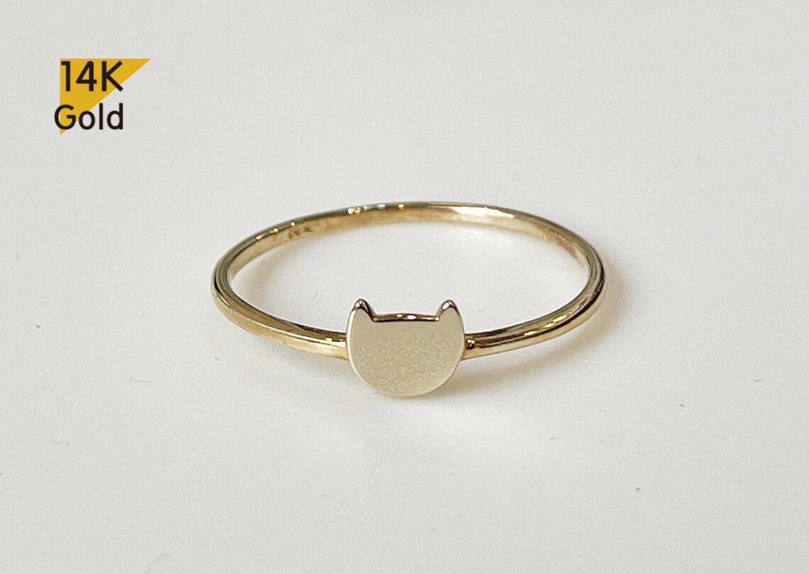 14K Solid Gold Ring, Cat Face Ring, Cat Ring - TGR217 - Etsy