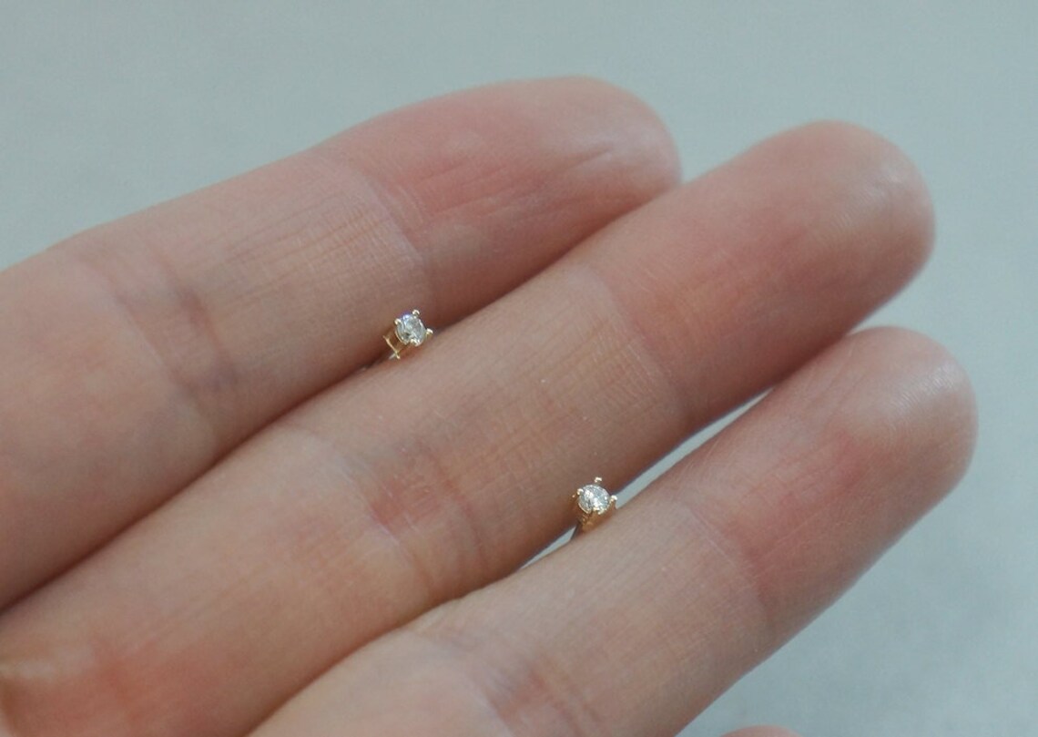 10K Solid Gold Tiny CZ 2mm Cubic Zirconia Stud Earrings Real Gold ...