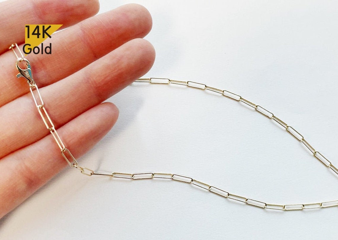 14K Solid Gold Thin Paperclip Necklace, Rectangle Chain, Paperclips ...