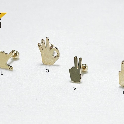 14K Solid Gold Finger Sign and Hand Gesture Barbell Piercing - Etsy