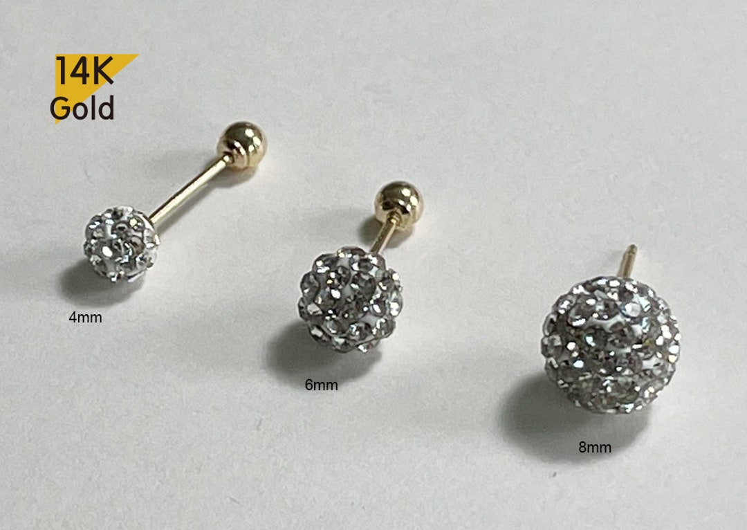 14K Solid Gold Pave CZ Ball 4mm 6mm 8mm White Black Gold Piercing 22G ...