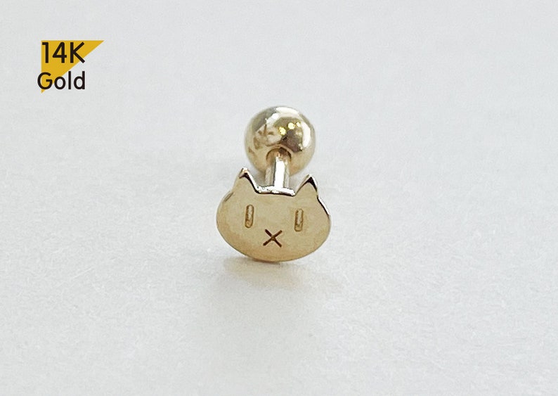 14K Solid Gold Cat End Barbell Piercing 18G, Fish Available Real Gold ...