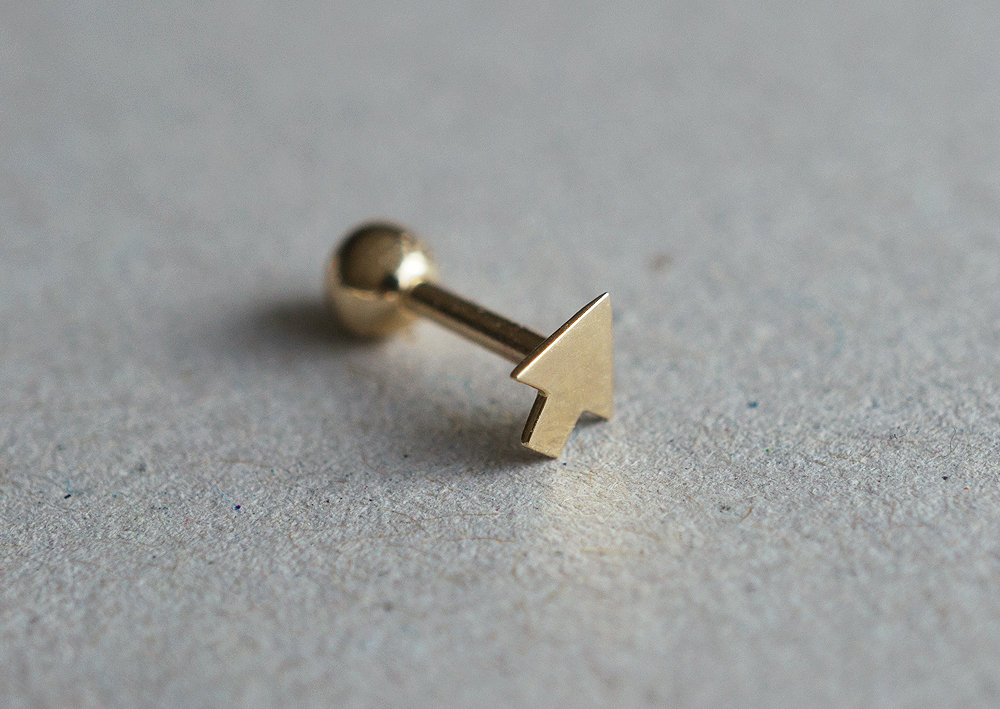 14K Solid Gold Tiny Arrow Head End Barbell Piercing 18G 3/16" 5mm Post ...