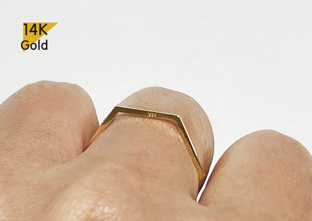 14K Solid Gold Hexagon Ring, Geometric Ring - TGR216 - Etsy