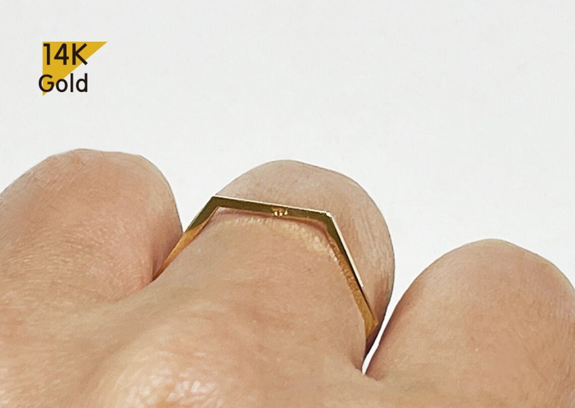 14K Solid Gold Hexagon Ring Geometric Ring TGR216 - Etsy