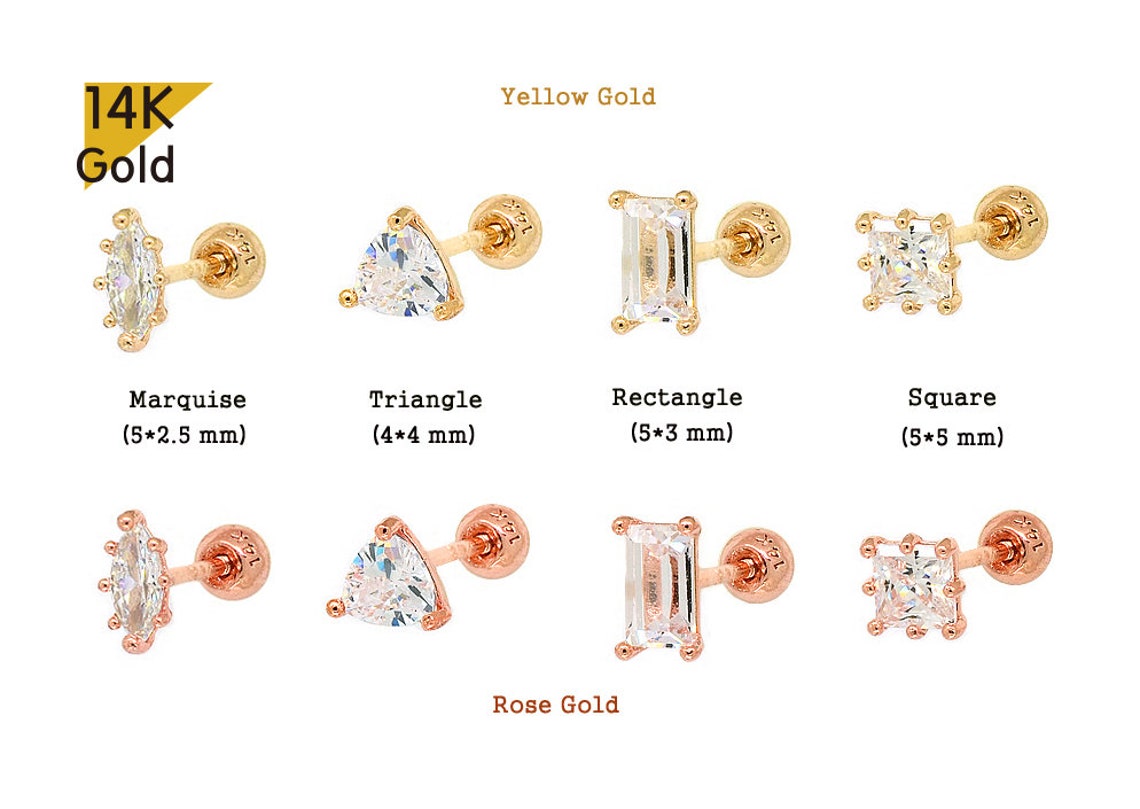 14K Solid Gold Marquise, Triangle, Rectangle, Square, Cubic Zirconia ...