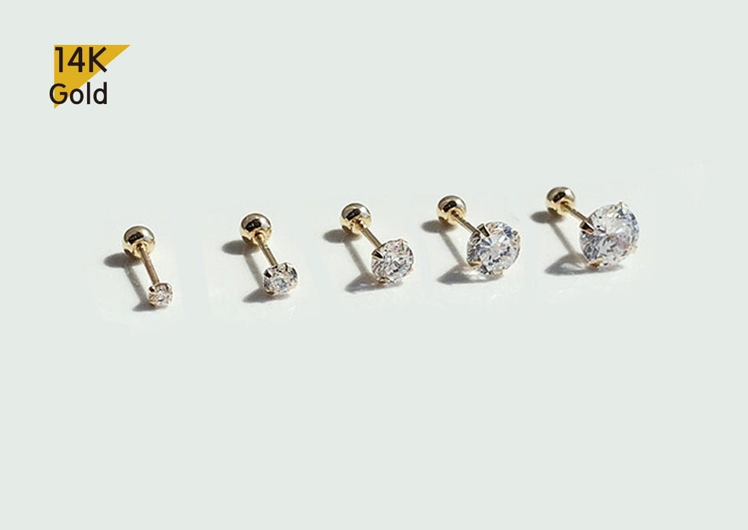 14K Solid Gold Single Earring Tiny CZ 2~6 Mm Piercing 21G, 4,6,8 Mm ...