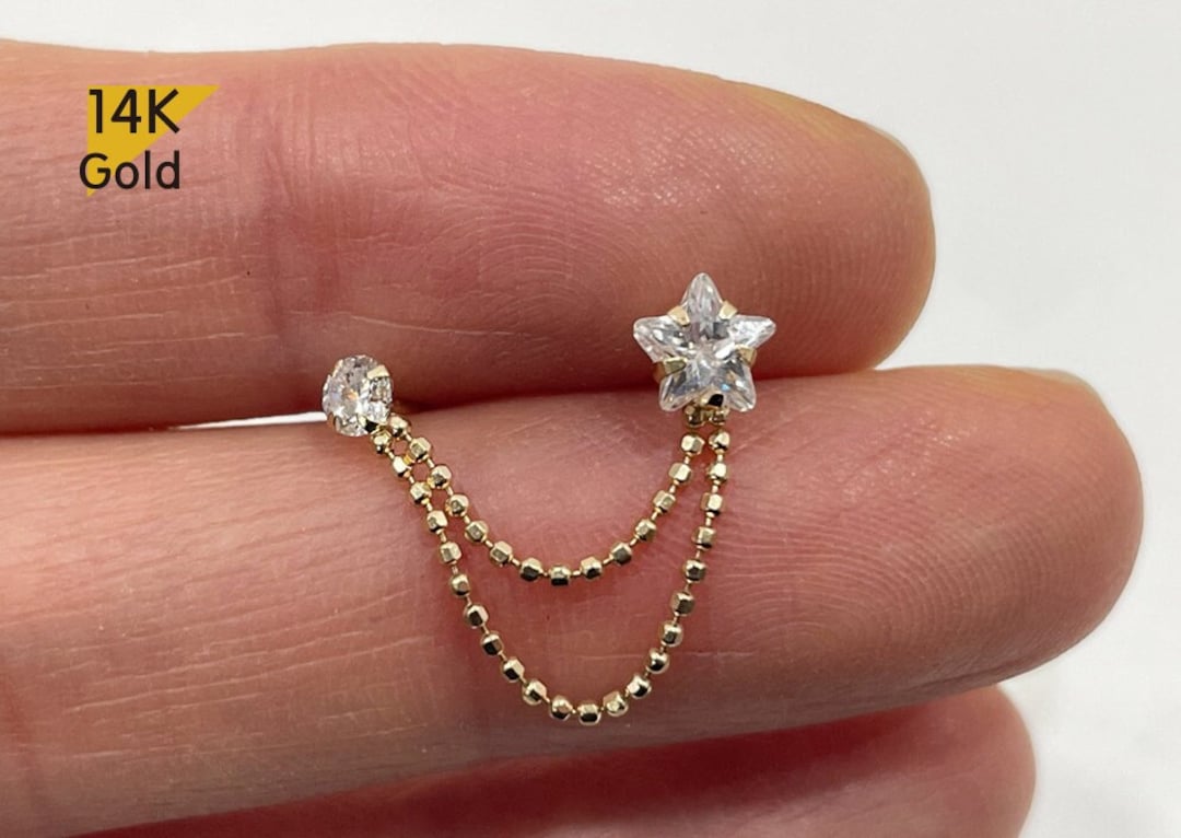 14K Solid Gold Double Chain Stud Earring - TGE43006 - Etsy