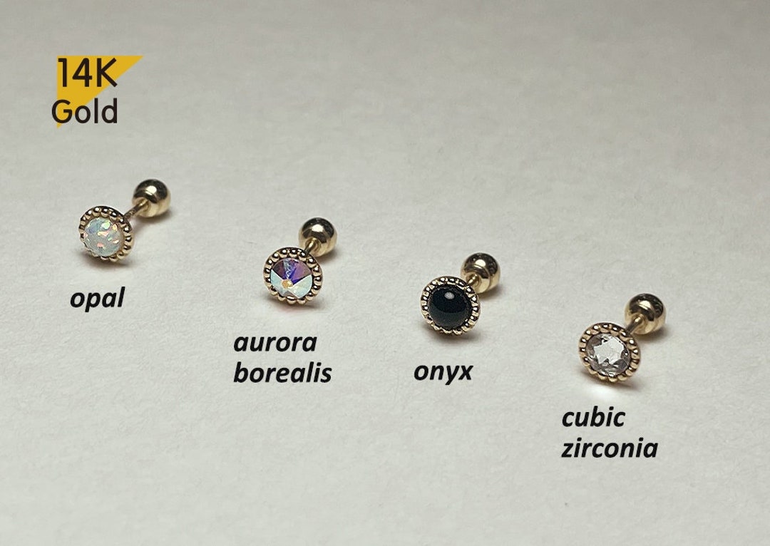 14K Solid Gold Cubic Zirconia, Onyx, Aurora Borealis, Opal 2,3 Mm ...
