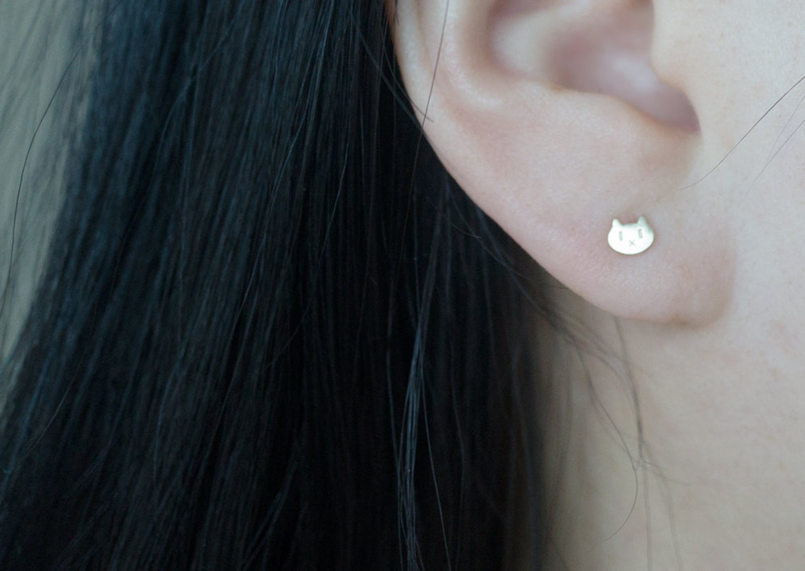 14K Solid Gold Stud Earrings, Cat Studs - TGE40009 - Etsy