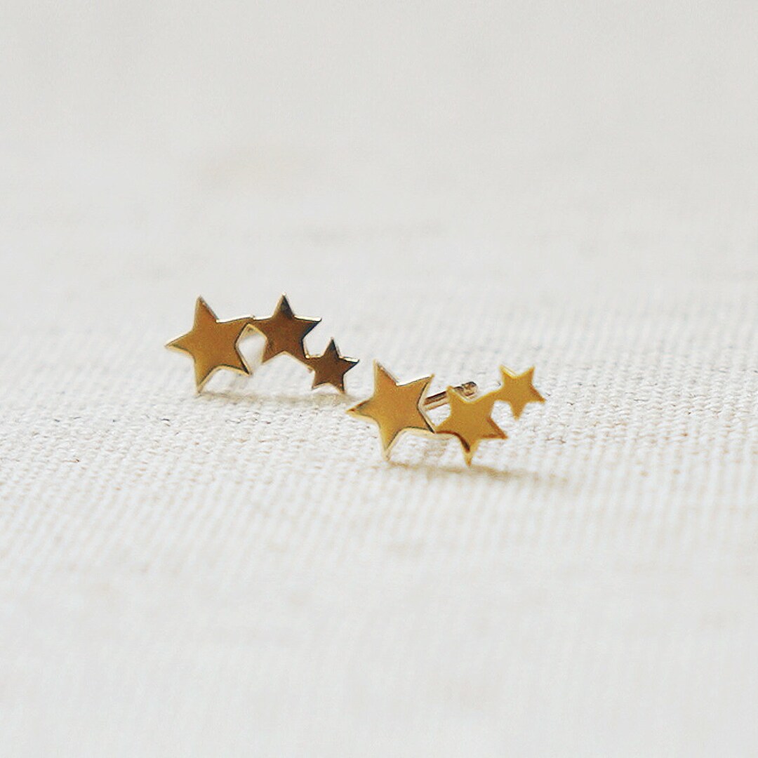 10K Solid Gold Tiny Flat 3 Star Stud Earrings Real Gold - TGE049 - Etsy