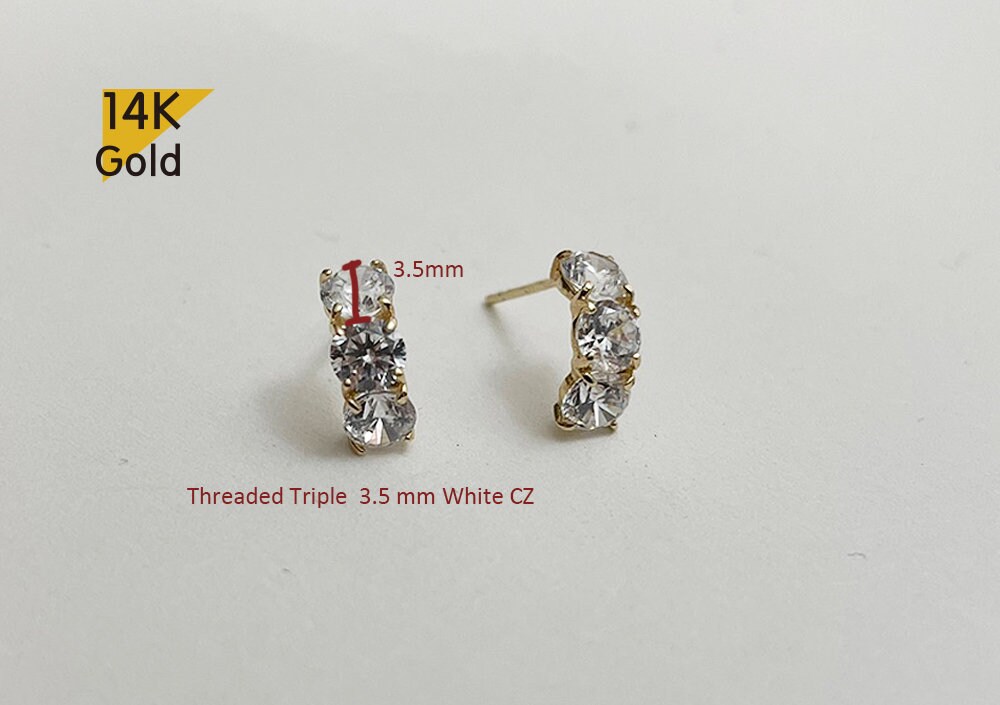 14K Solid Gold Stud Earrings, Threaded Triple White CZ Earrings ...