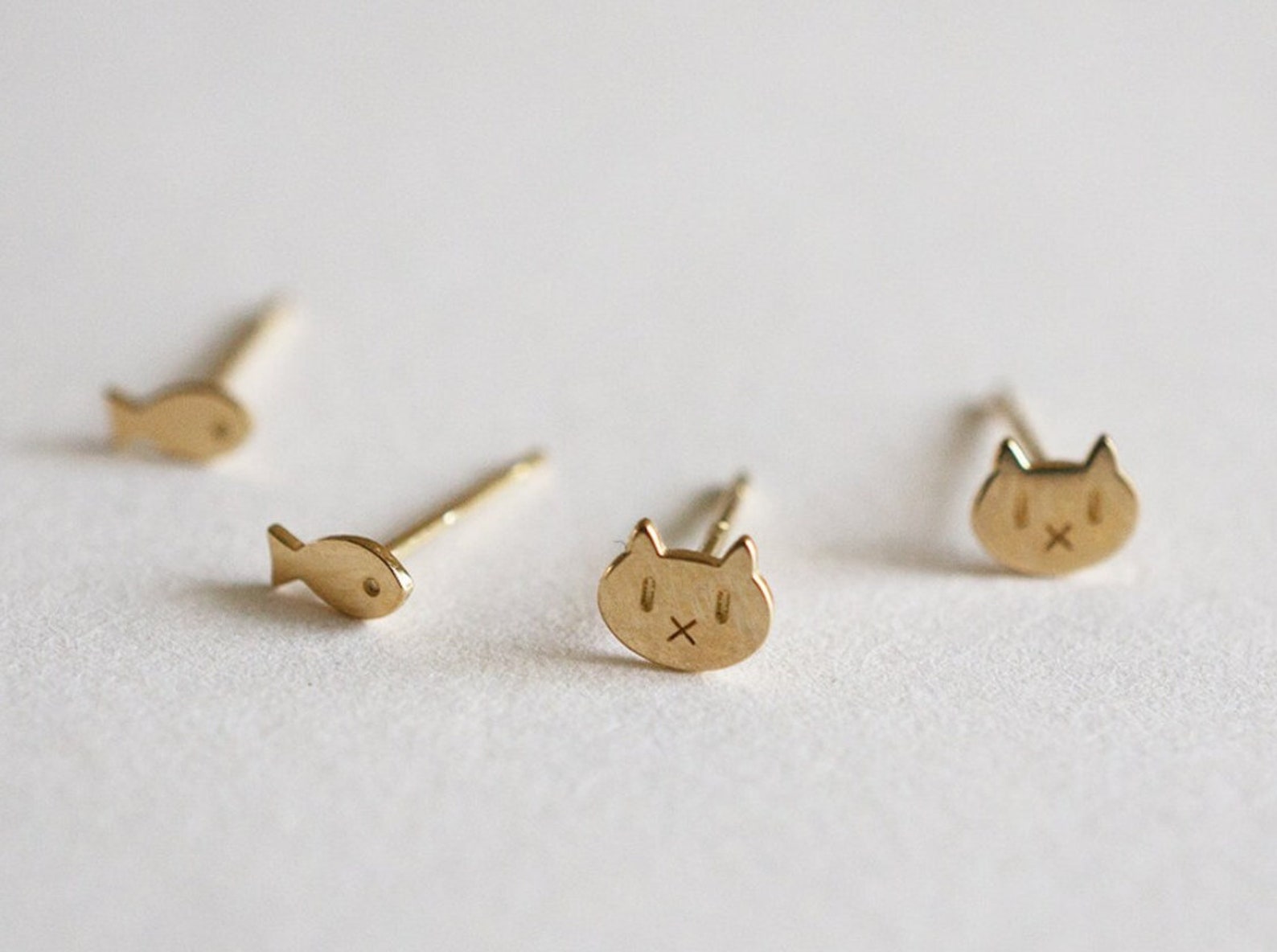 14K Solid Gold Cat End Barbell Piercing 18G, Fish Available Real Gold ...