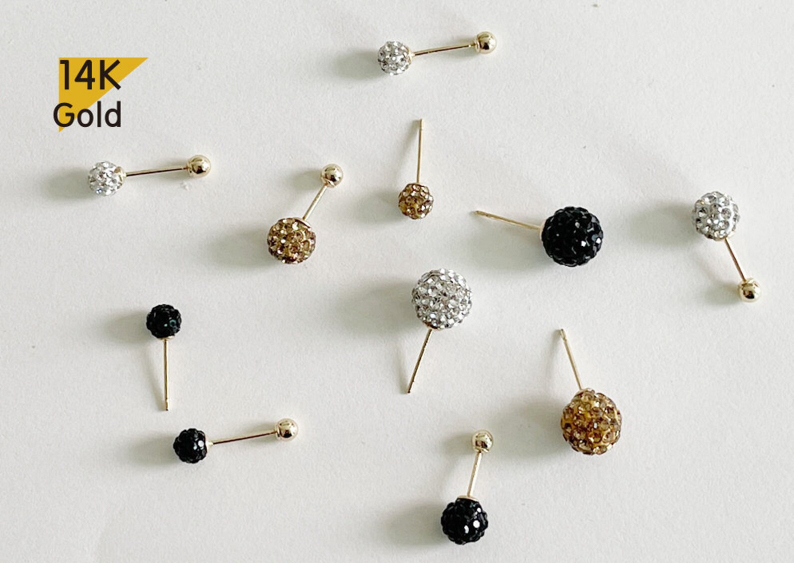 14K Solid Gold Pave CZ Ball 4mm 6mm 8mm White Black Gold | Etsy