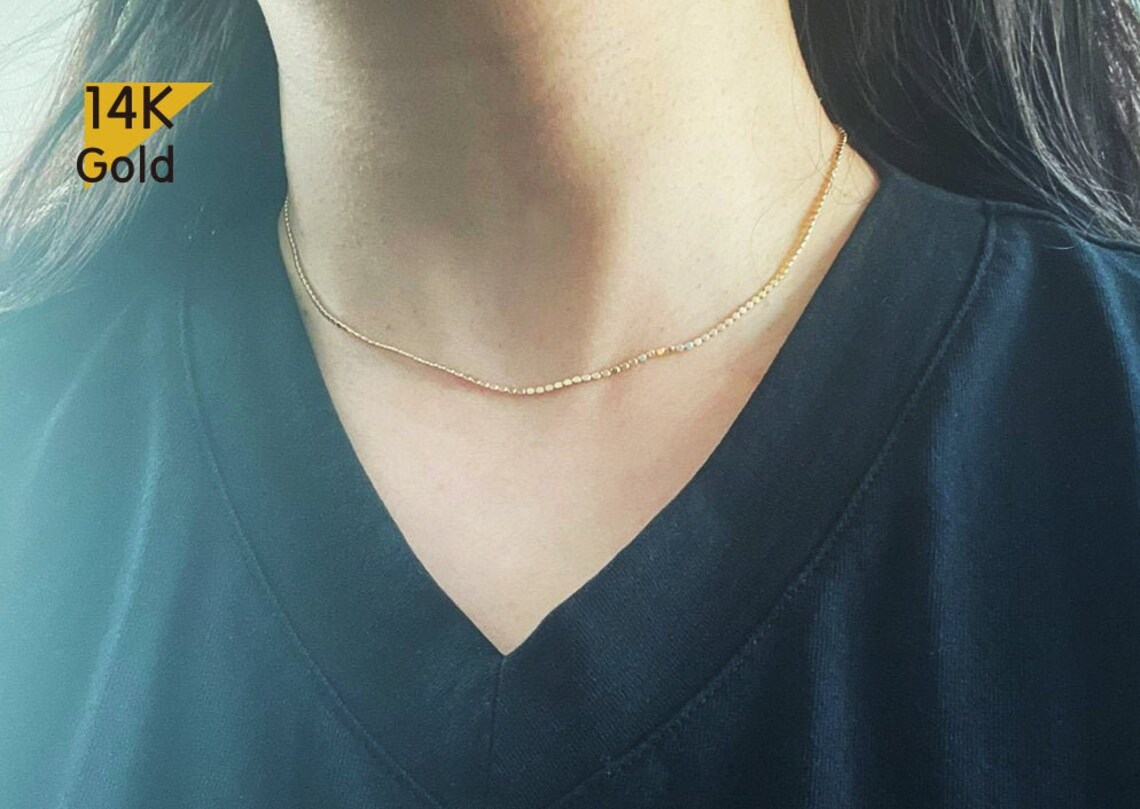 14K Solid Gold Circle Chain Necklace, Gold Bead Necklace - Etsy