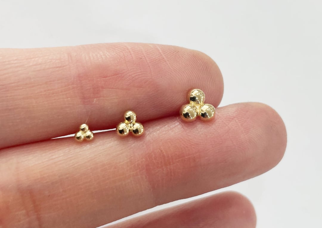 10K 14K Solid Gold Tiny 3 Beads Triangle Stud Earrings Real Gold ...