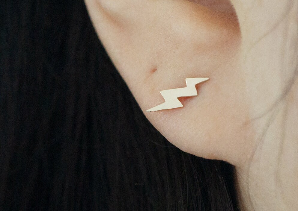 10K Solid Gold Double Lightning Bolt, Lightning Strike Stud Earrings - Etsy
