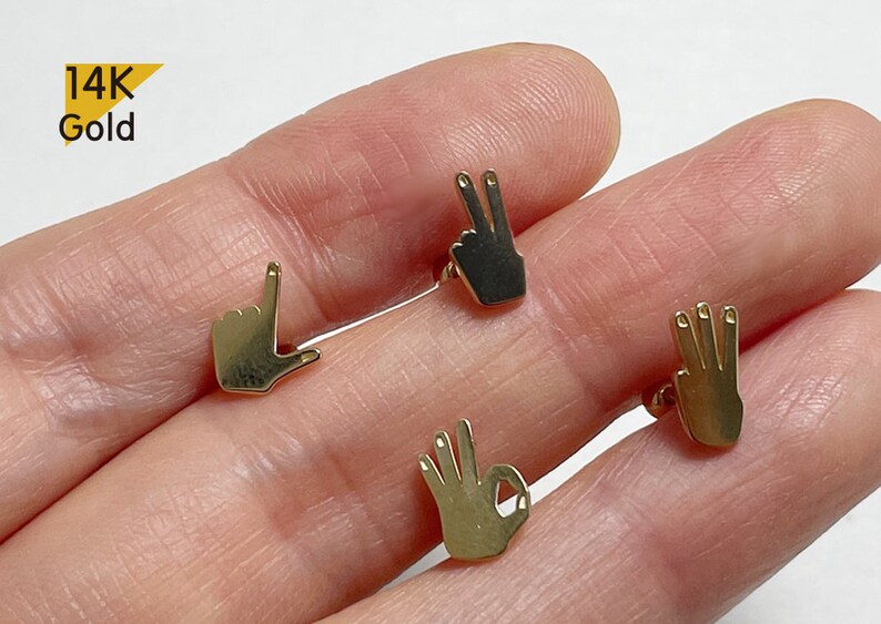 14K Solid Gold Finger Sign and Hand Gesture Barbell Piercing - Etsy