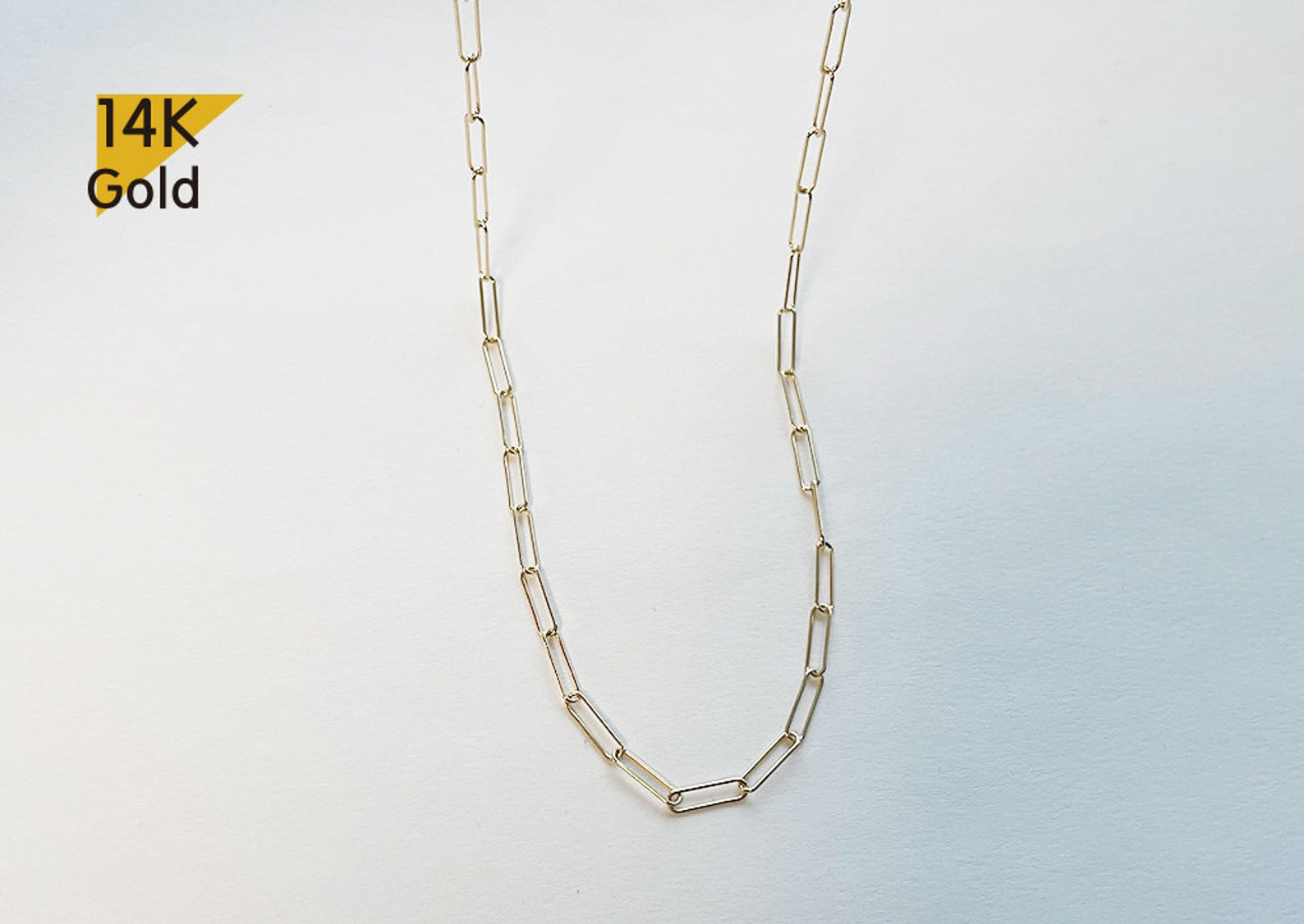 14K Solid Gold Thin Paperclip Necklace, Rectangle Chain, Paperclips ...