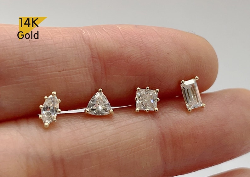 14K Solid Gold Marquise, Triangle, Rectangle, Square, Cubic Zirconia ...