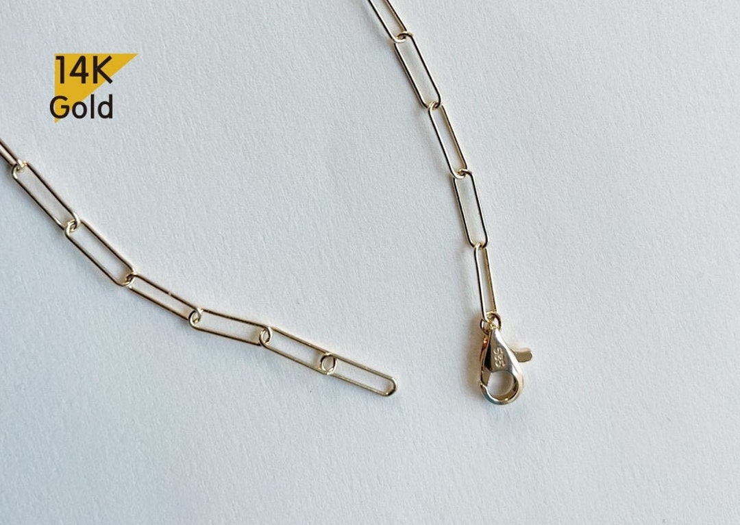 14K Solid Gold Thin Paperclip Necklace, Rectangle Chain, Paperclips ...