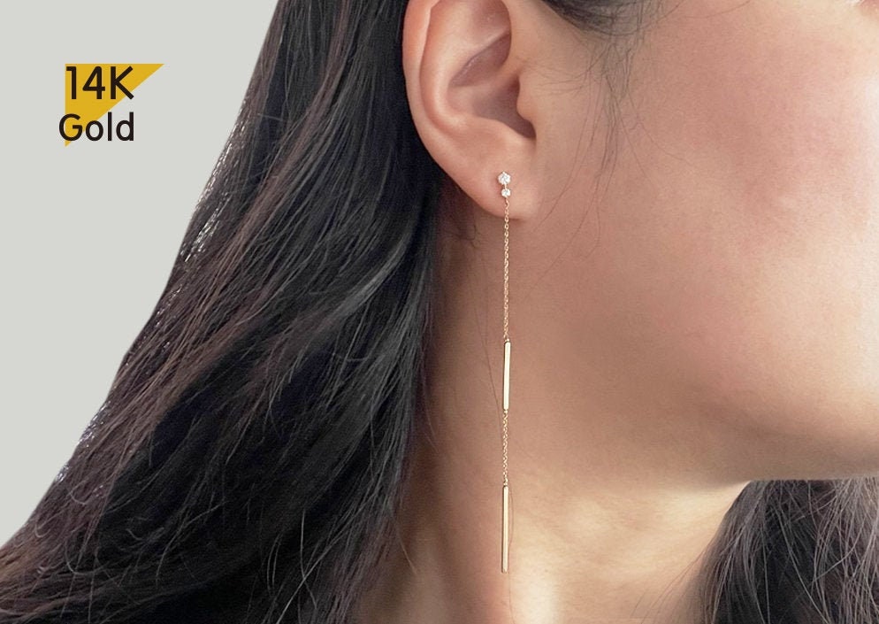 14K Solid Gold Long Chain Threader Stud Earrings - TGE40002 - Etsy