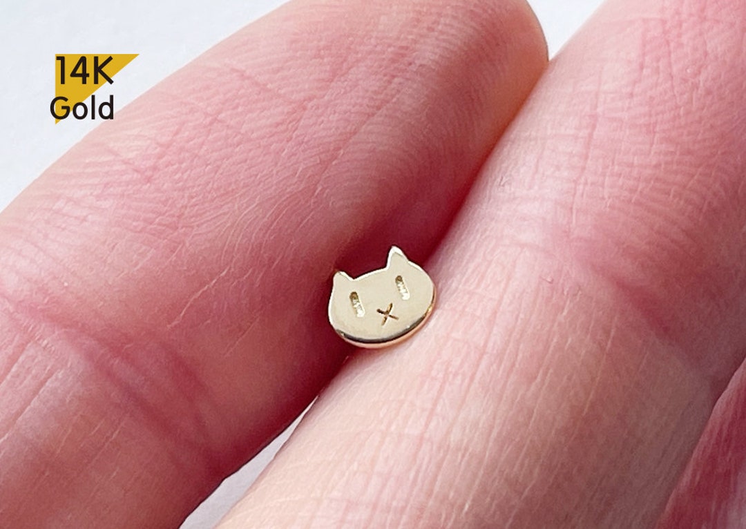 14K Solid Gold Cat End Barbell Piercing 18G, Fish Available Real Gold ...
