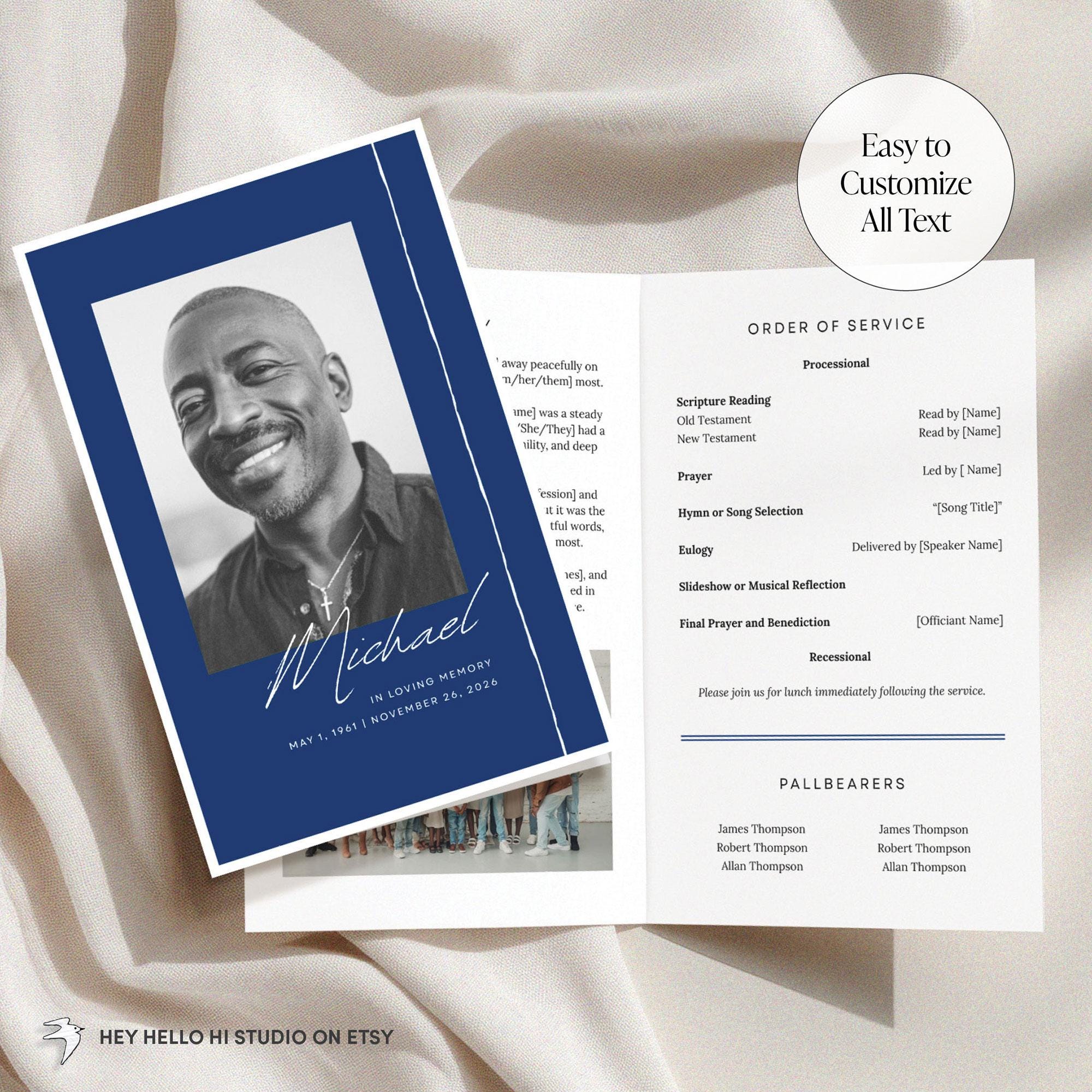 Royal Blue Funeral Program Template for Men, Memorial Service Program ...
